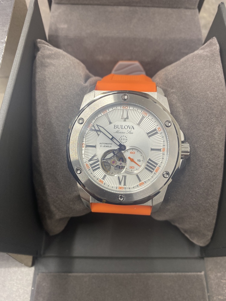 BULOVA 98A226 MARINE STAR AUTOMATIC 21 JEWELS ORANGE MENS WATCH WITH ...